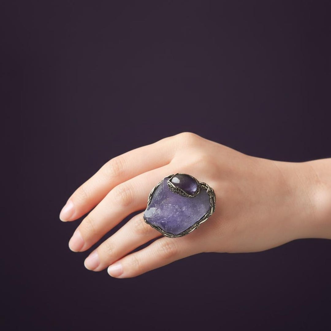 Large Amethyst Raw Crystal Ring, Chunky Statement Oversized Cocktail ...