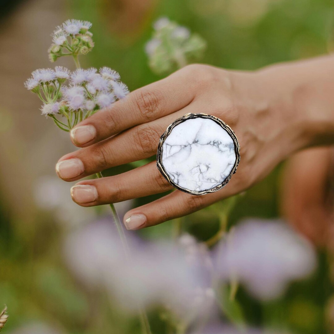 Chunky Howlite Stone Ring Bold Statement Piece, Unique Gift for Her - Etsy