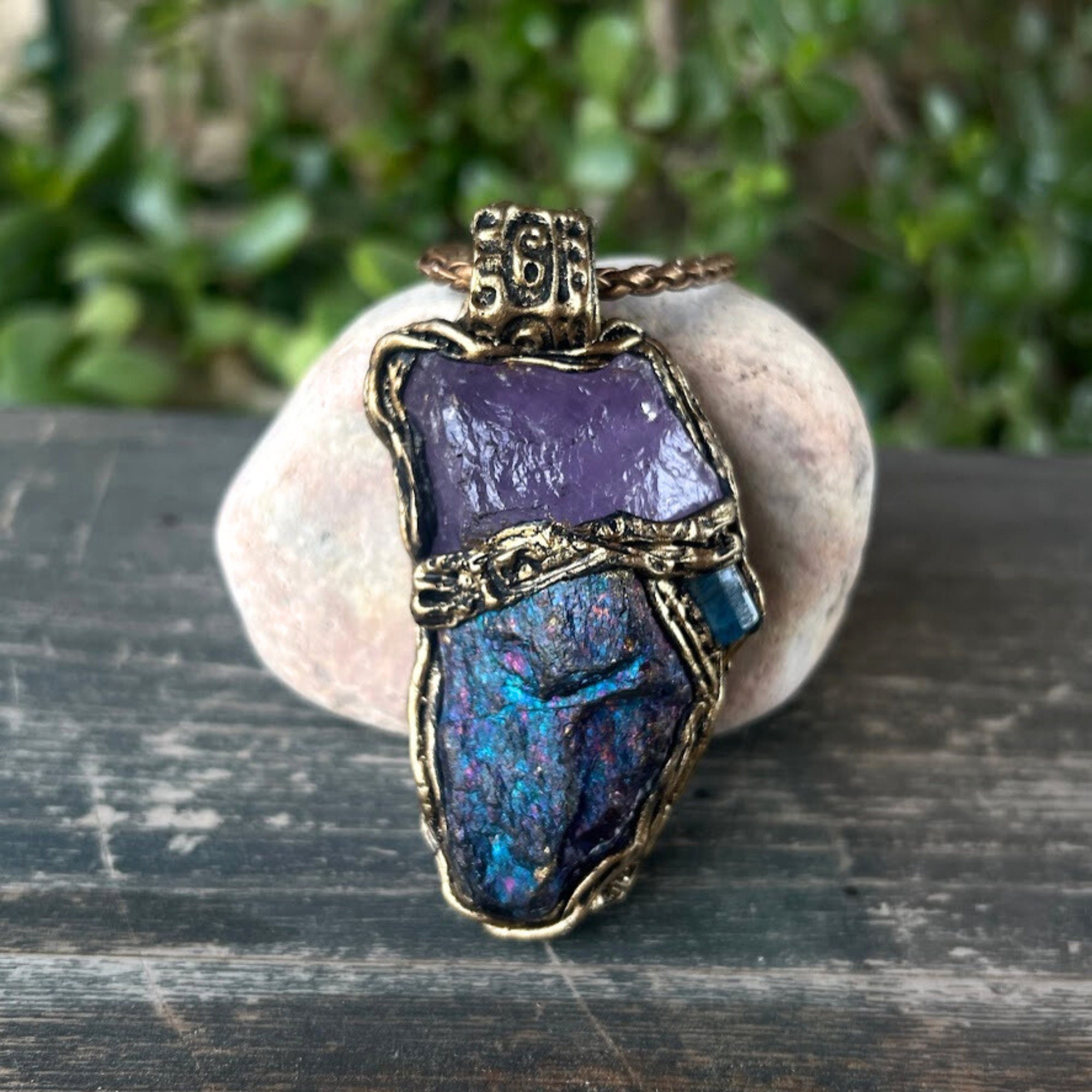 Raw Crystal Necklace with Amethyst Apatite and Peacock Ore