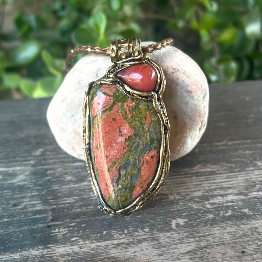 Unakite Cherry Quartz Crystal Pendant Necklace - Pink & Green - Etsy