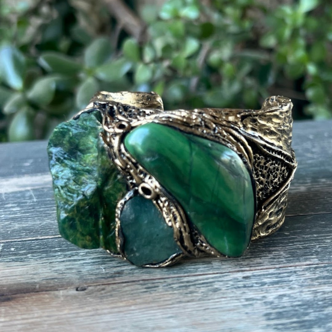 Green Gemstone Chunky Cuff Bracelet With Aventurine & Buddstone ...