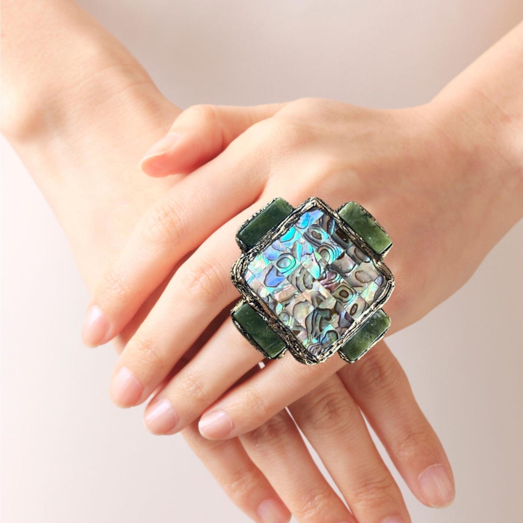 Bold Statement Jade & Abalone Ring Chunky Green Stone Cocktail Jewelry ...