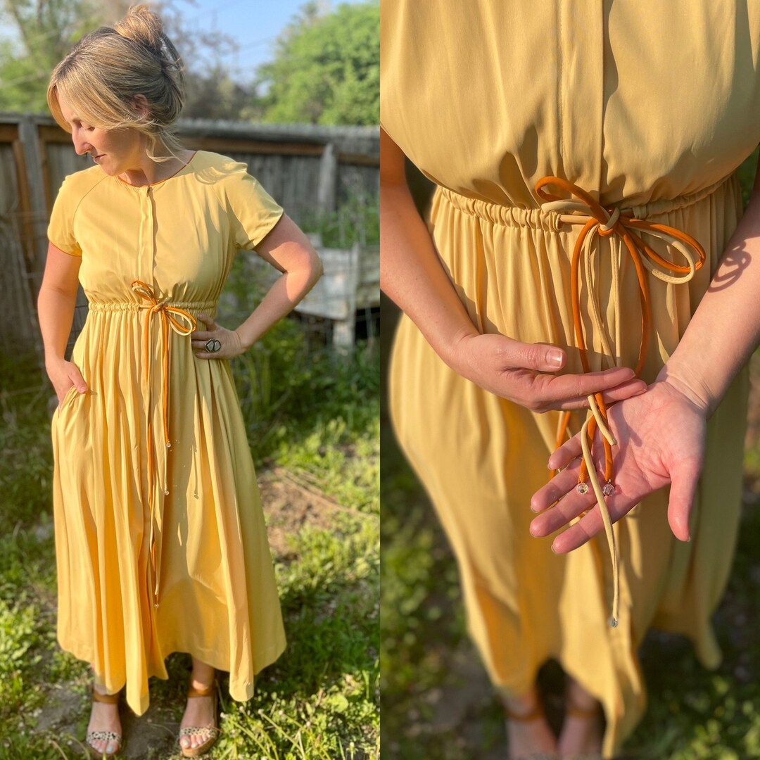 Vintage 70s Yellow Maxi Slip Dress • Bohemian Kaftan, M - Etsy