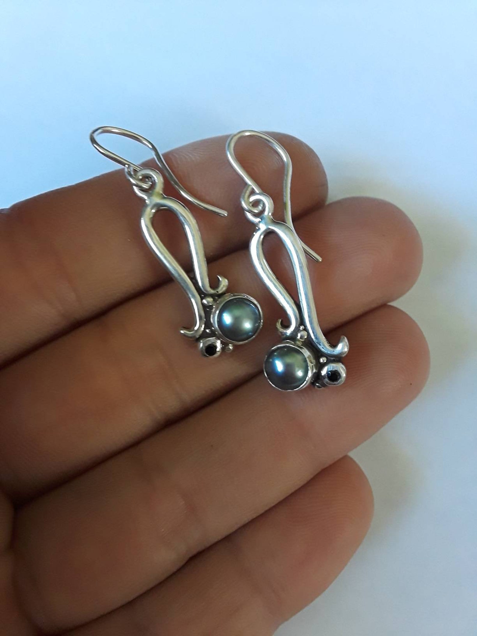 Sterling Silver Swirl Loop Black Pearl & Spinel Earrings, June ...