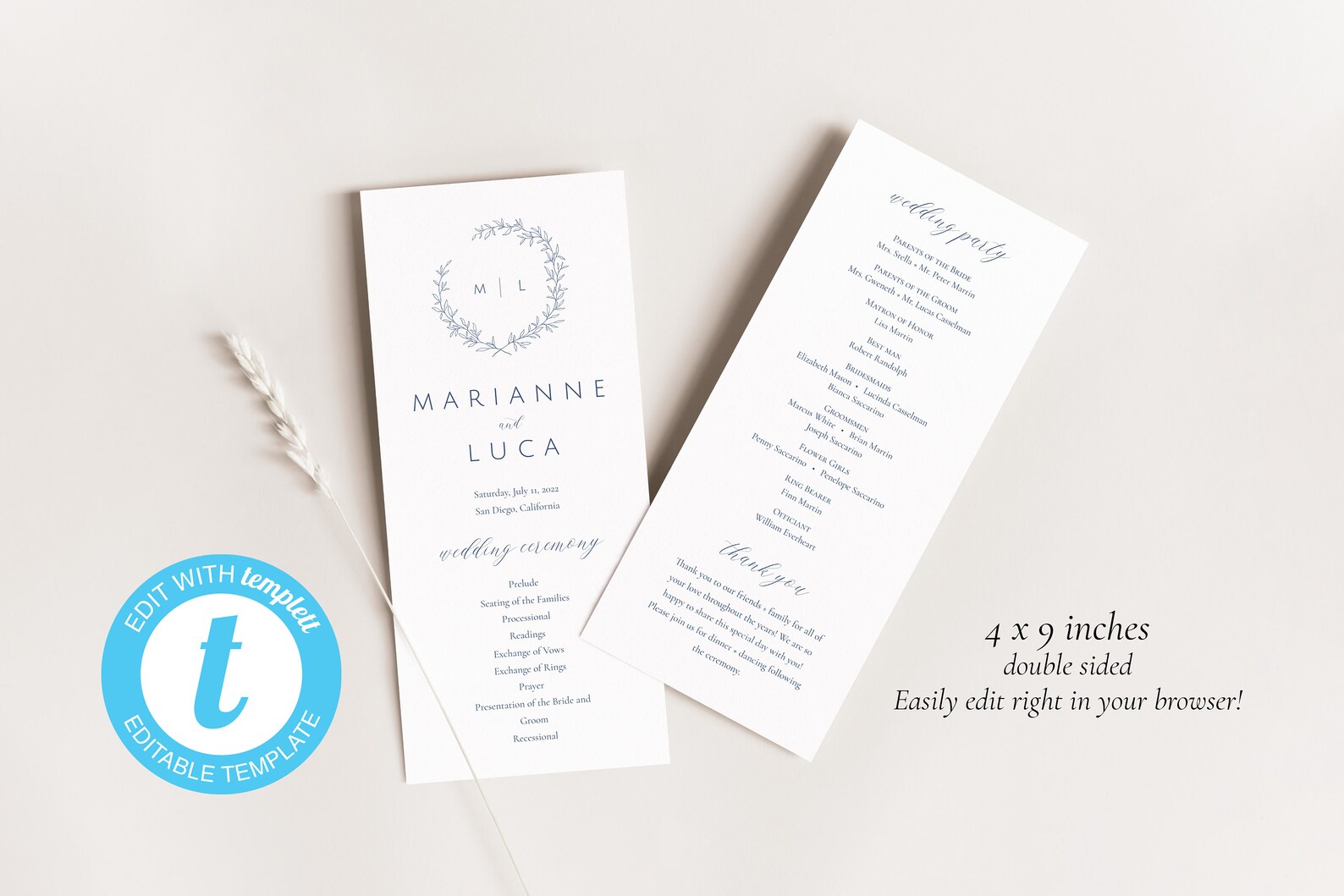 Navy Wedding Program Template / Boho Wedding Ceremony Program - Etsy
