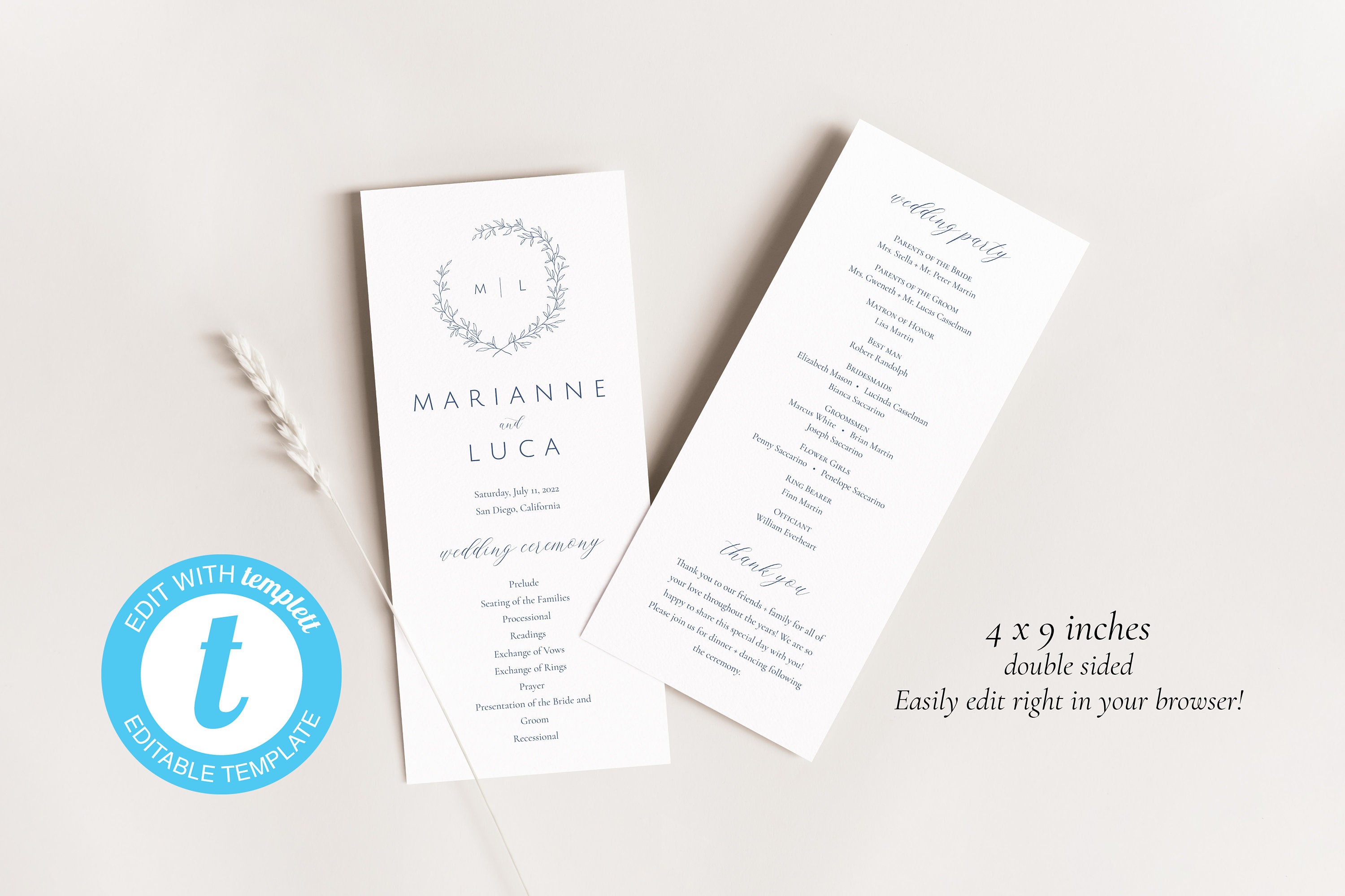 Navy Wedding Program Template / Boho Wedding Ceremony Program ...