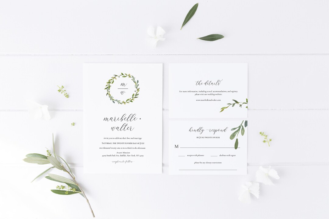 Greenery Wedding Invitation Set / Simple Wedding Invitation Template ...