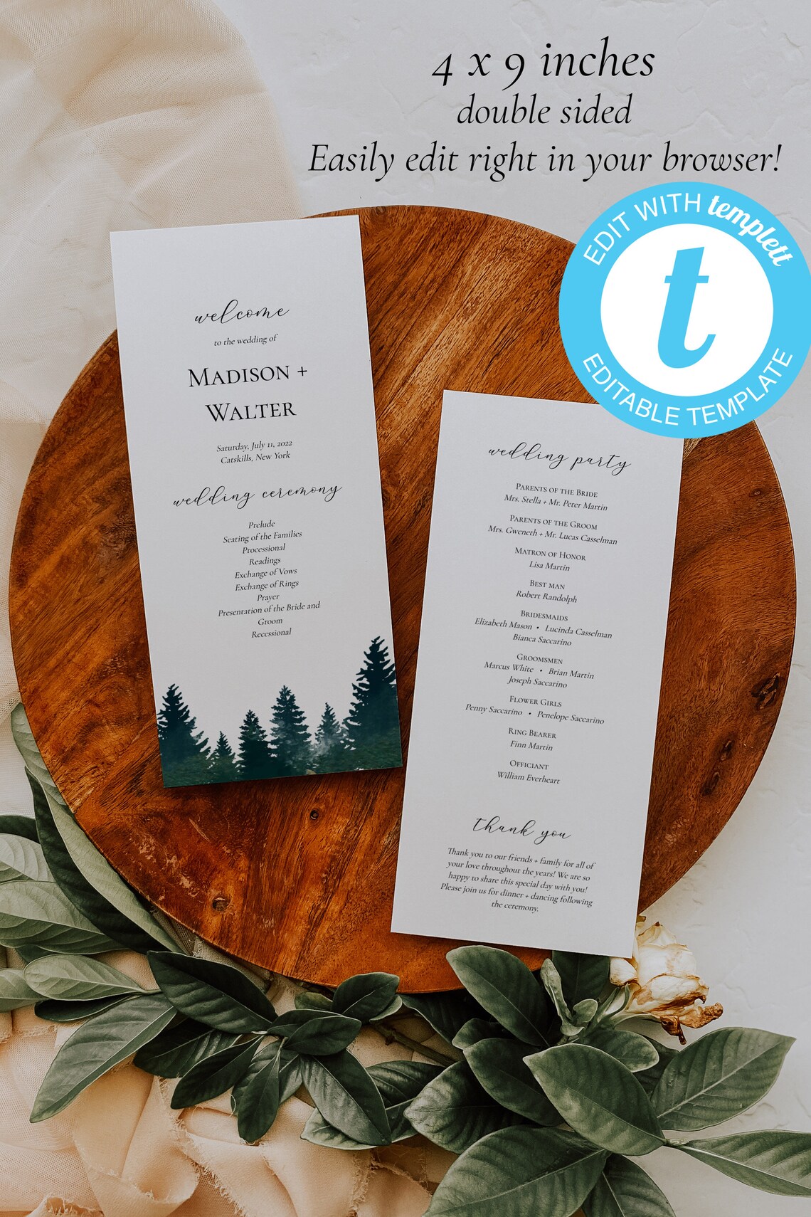 Pine Tree Wedding Program Template / Rustic Pine Forest Editable Program Template / Printable ...