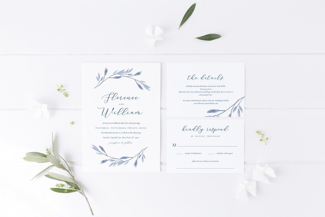 Simple Blue Watercolor Wedding Invitation Set / Dusty Blue Wedding ...