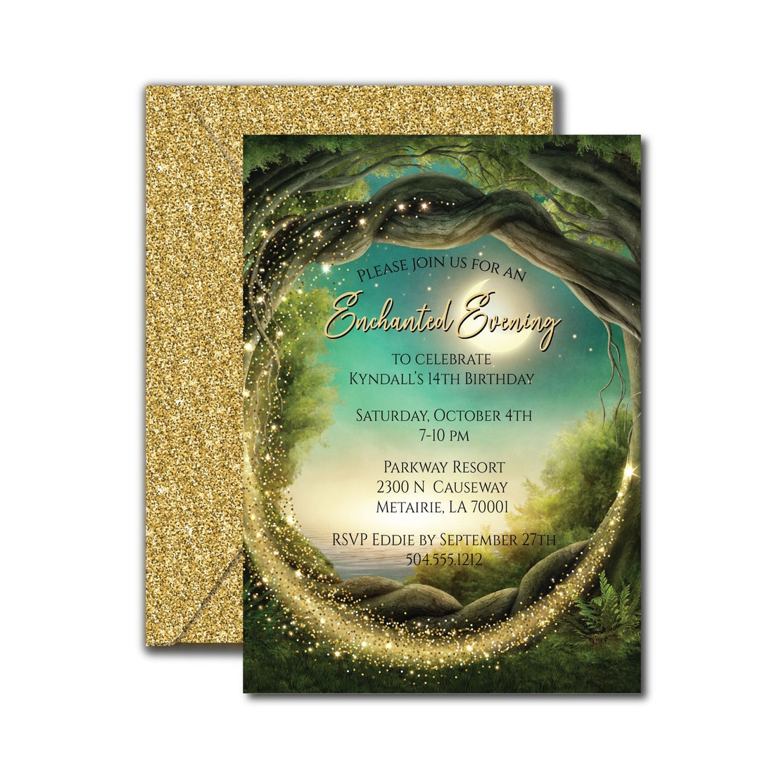 Enchanted Party Invitations, Gold Glitter Invitations, Magical Birthday ...