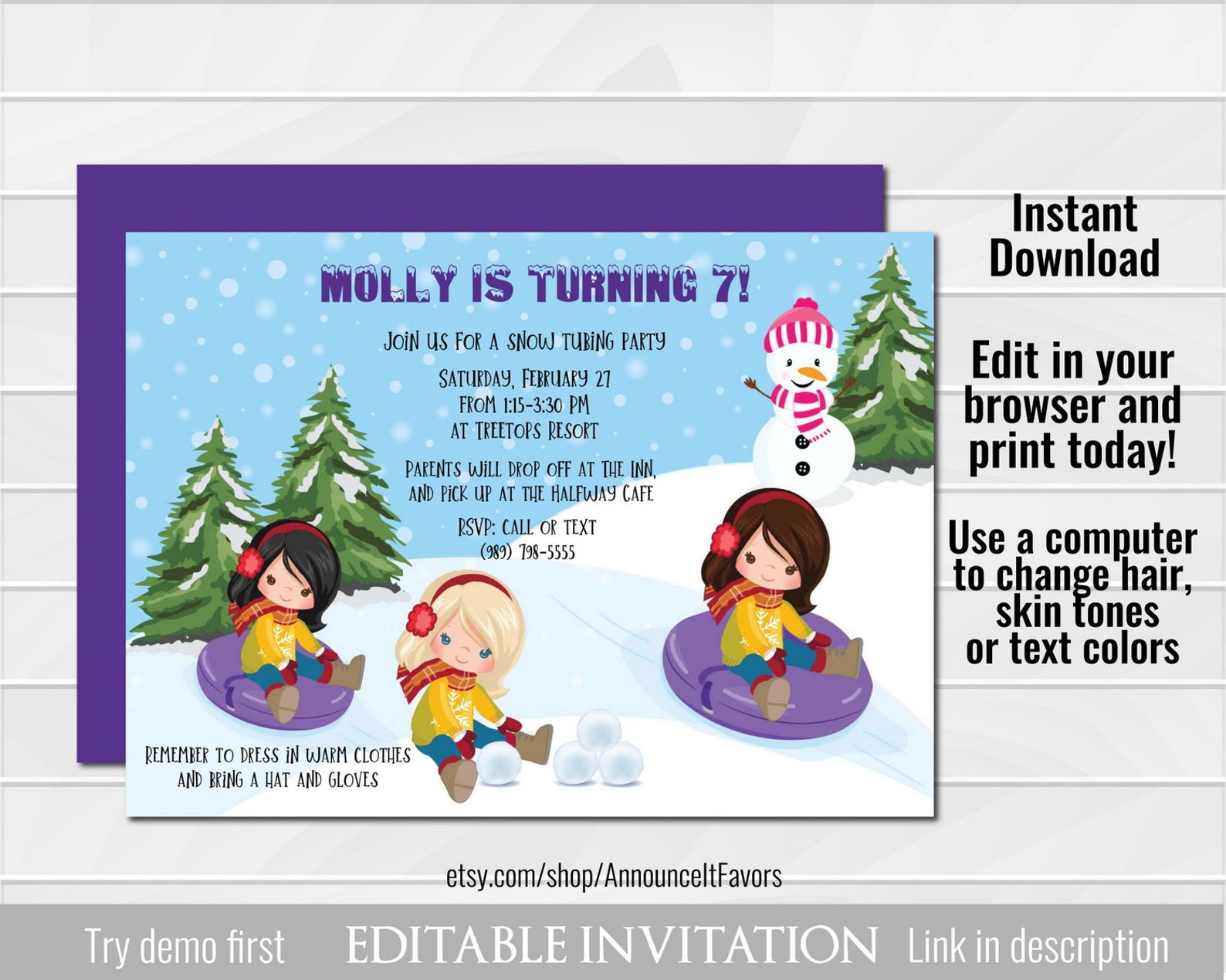 Snow Tubing Invitation Girls Tubing Birthday Party | Etsy