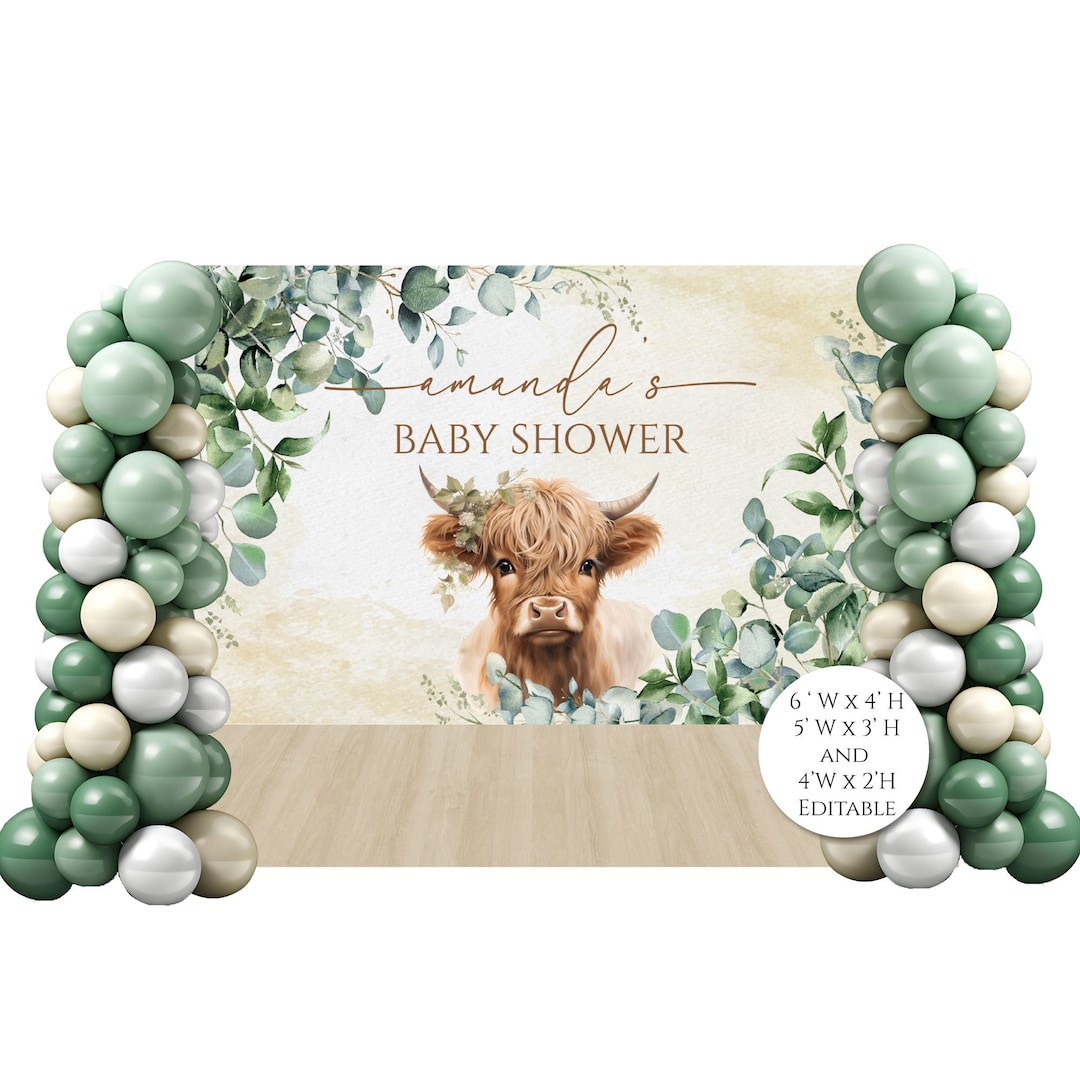 Highland Cow Baby Shower Backdrop: Neutral Greenery (digital Download ...