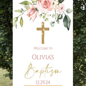 Pink Floral Baptism Welcome Sign, Blush and Gold Printable Baptism Sign ...