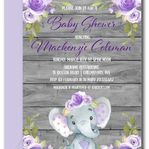 Purple Elephant Baby Shower Invitation, Elephant Baby Shower Invites ...