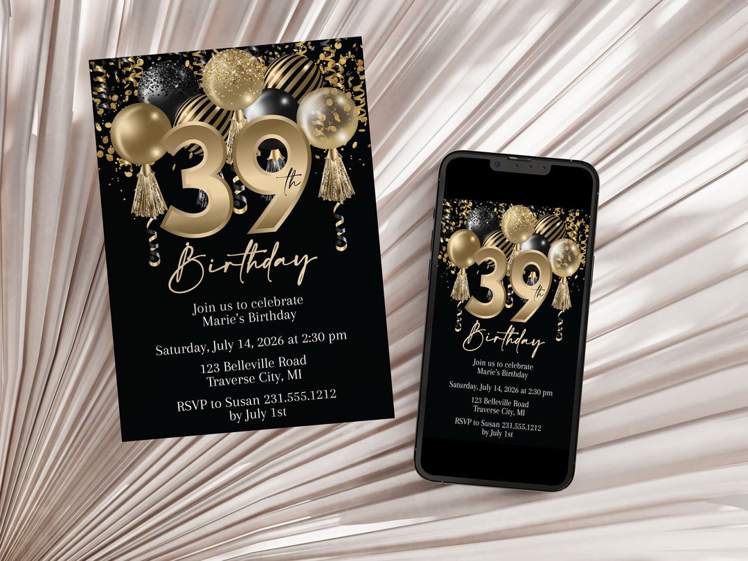 39th Birthday Invitation, Thirty Nine Birthday, 39th Black and Gold ...