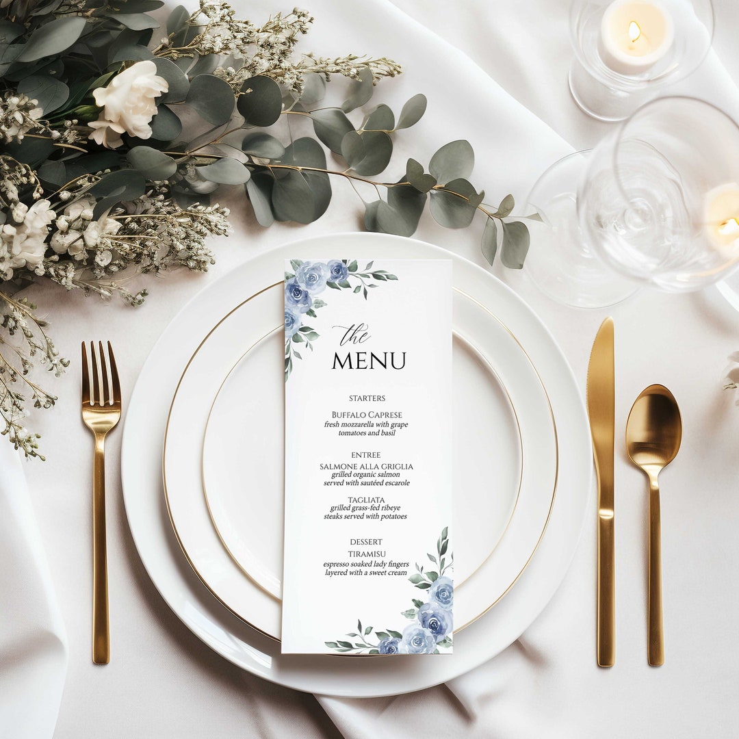 Menu Template, Blue Menu Cards, Dusty Blue Wedding Menu Template With ...