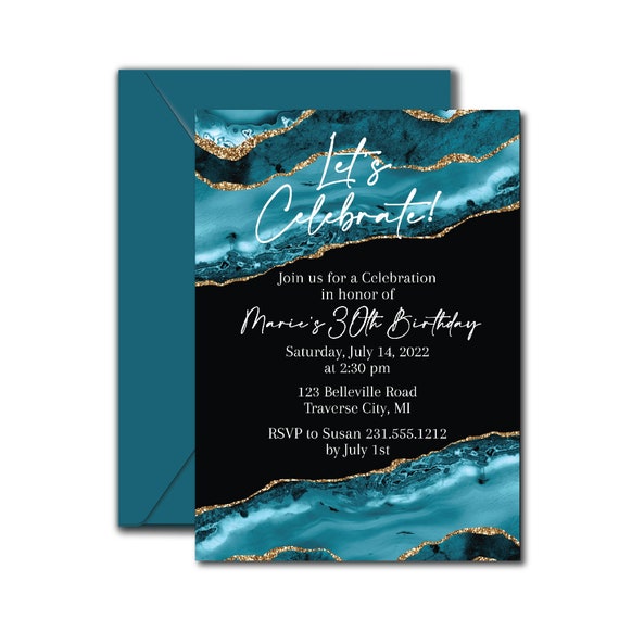 Teal Agate Birthday Invitation Cards Template, Formal Classic Teal Gold ...