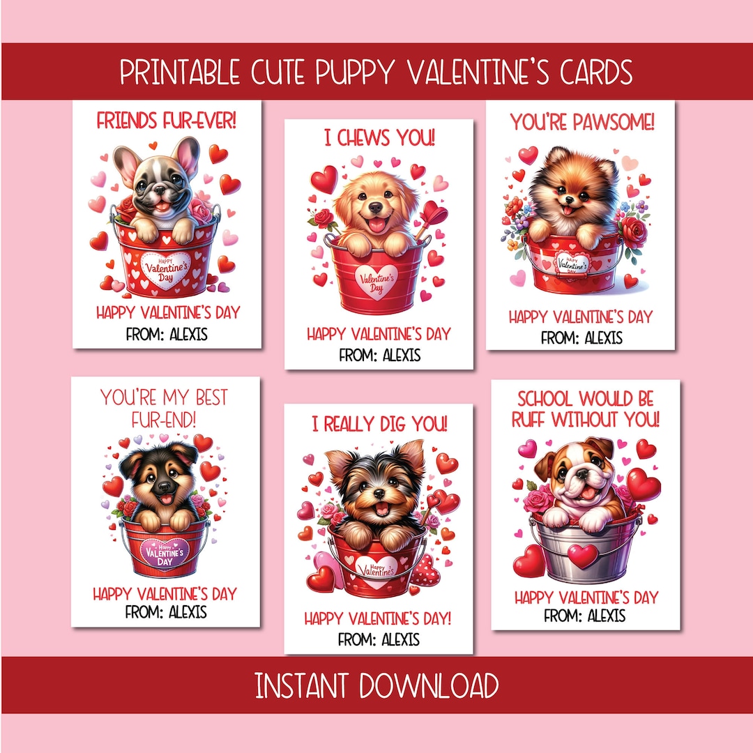 Editable Puppy Valentine Cards Printable, Dog Classroom Valentine's Day ...