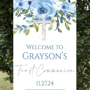 Blue Communion Welcome Sign, Blue Floral Printable Communion Sign ...