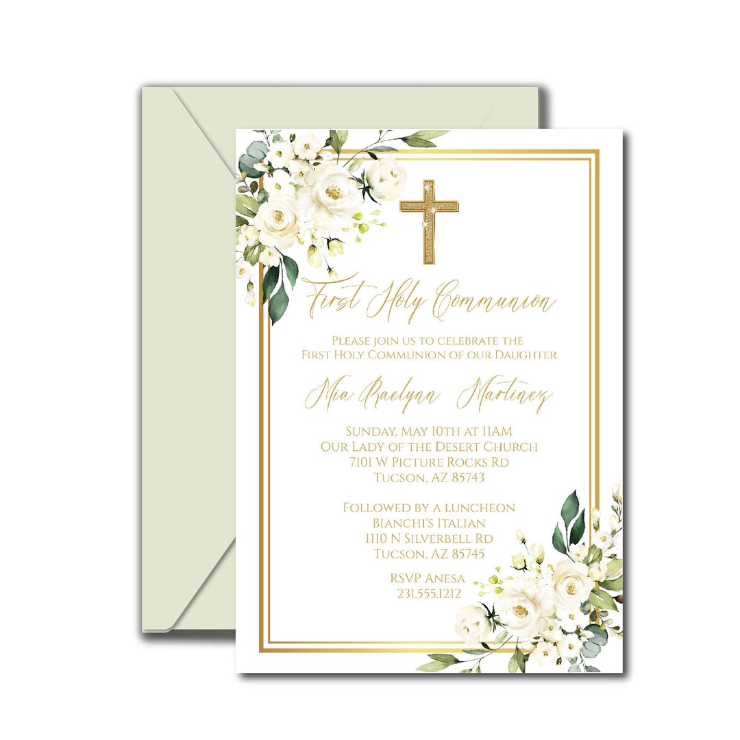 Gold First Holy Communion Invite, Girl, Printable Gold First Communion ...