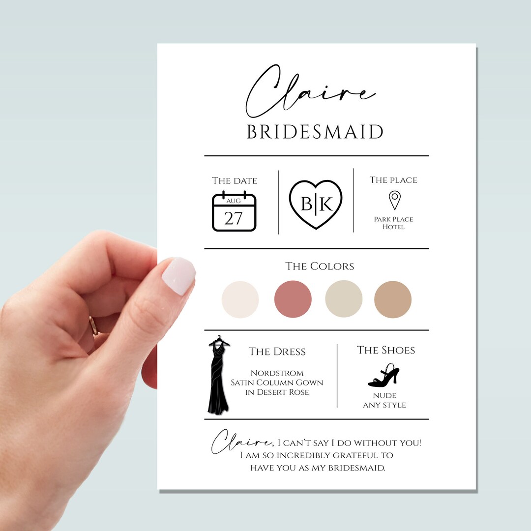 Bridesmaid Info Card, Bridal Party Info Card Template, Bridesmaid ...