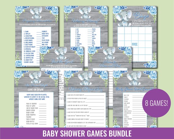 8 Baby Shower Games Elephant, Blue Elephant Baby Shower Games Package ...