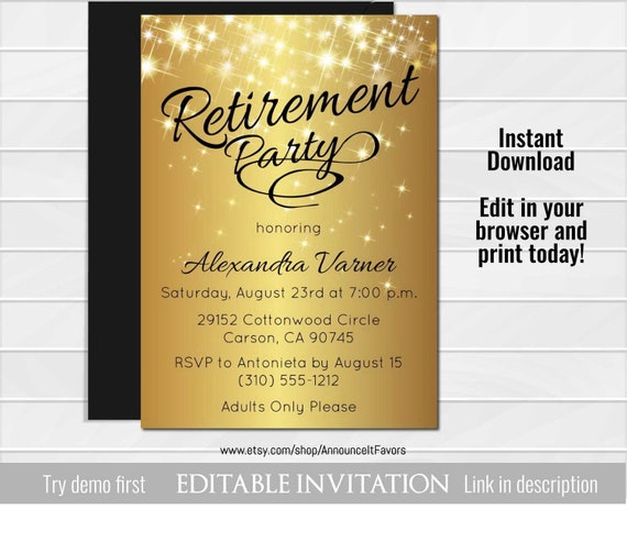 Gold Retirement Invitation, Gold Retirement Party Invitation, Elegant ...