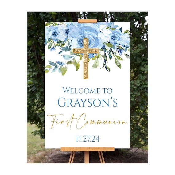 Blue Communion Welcome Sign, Blue Floral Printable Communion Sign ...