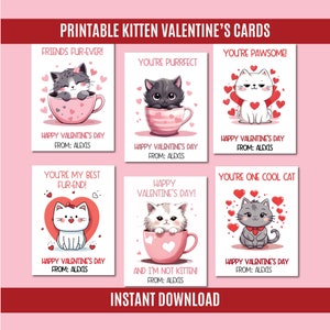 Printable Cat Valentine Cards, Kitten Classroom Valentine's Day Cards ...