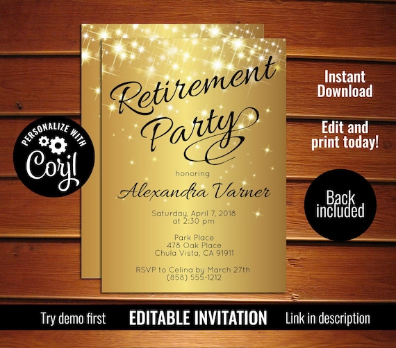 Gold Retirement Invitation, Gold Retirement Party Invitation, Elegant ...