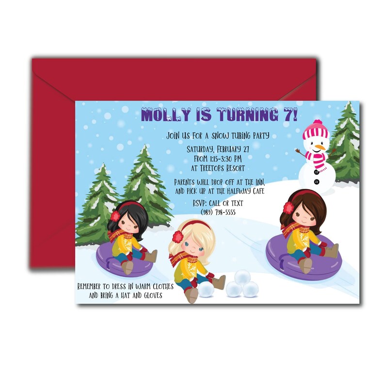 Snow Tubing Invitation - Girls Tubing Birthday Party Invitation ...