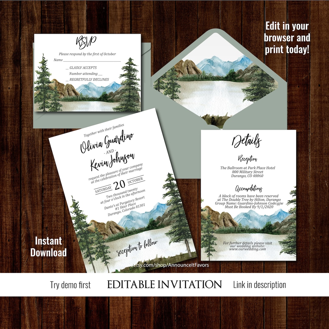 Rustic Mountain Lake Wedding Invitation Suite Template - Etsy