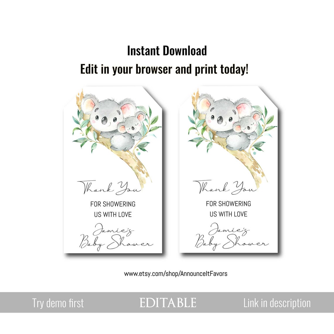 Koala Baby Shower Thank You Tags Koala Baby Shower Favor | Etsy