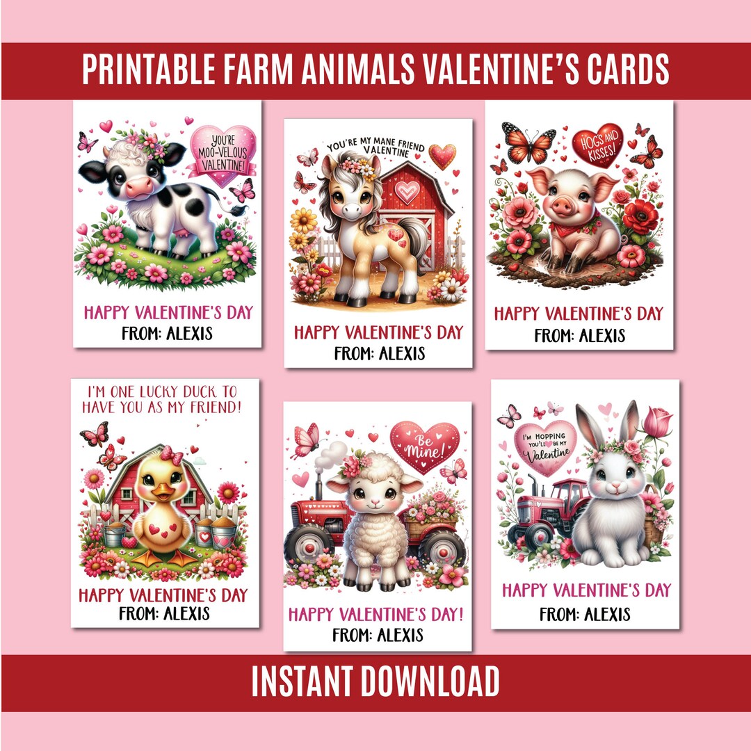 Farm Valentines Printable Template, Farm Valentine's Cards for Kids ...