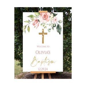 Pink Floral Baptism Welcome Sign, Blush and Gold Printable Baptism Sign ...