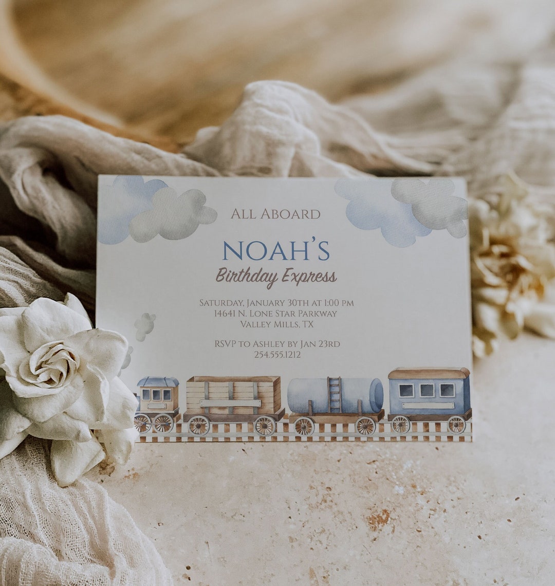 Train Birthday Invitation, Modern Printable Birthday Invitation, Modern ...