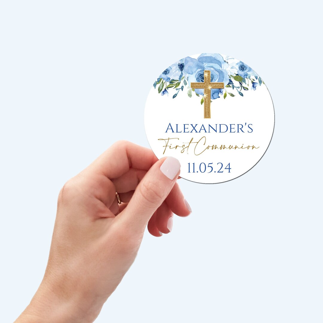 Blue Communion Stickers, First Communion Kisses Labels, Blue God Bless ...