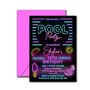Birthday Pool Party Invitation, Neon Pool Birthday Invitation, Swimming ...