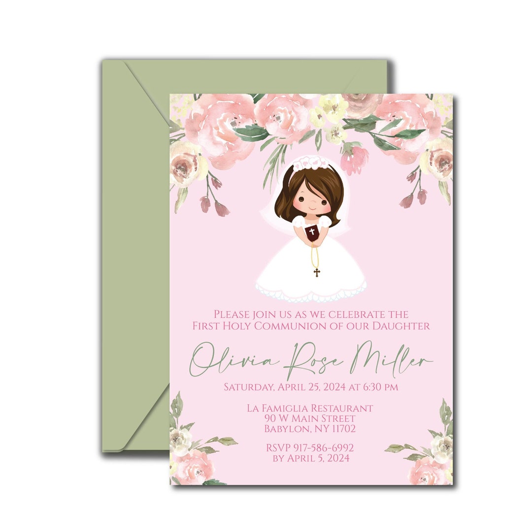 Girl First Communion Invites, Floral First Communion Invites, Spanish ...