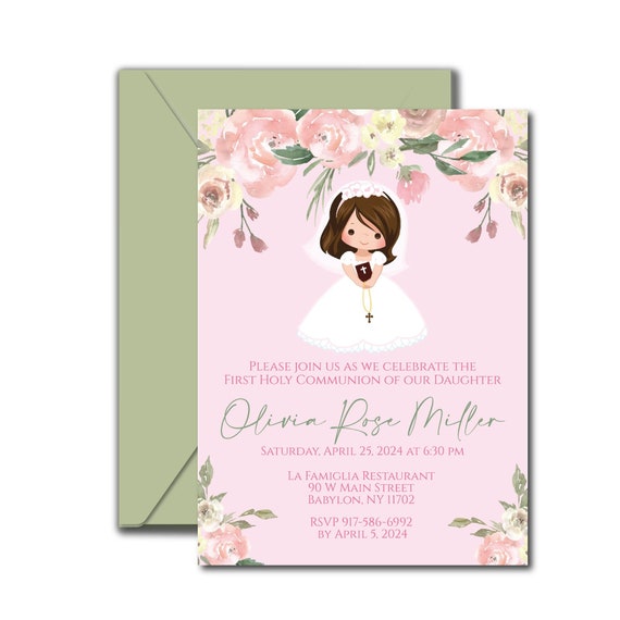 Girl First Communion Invites, Floral First Communion Invites, Spanish ...