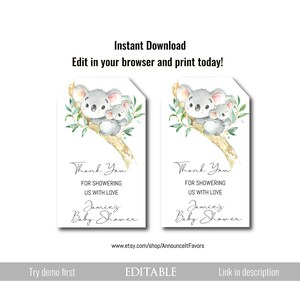 Koala Baby Shower Thank You Tags, Gift Tag Template (digital File) - Etsy