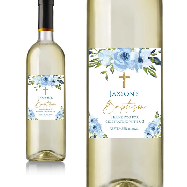 Blue Floral Baptism Wine Labels, Boy Baptism Wine Label Favors ...