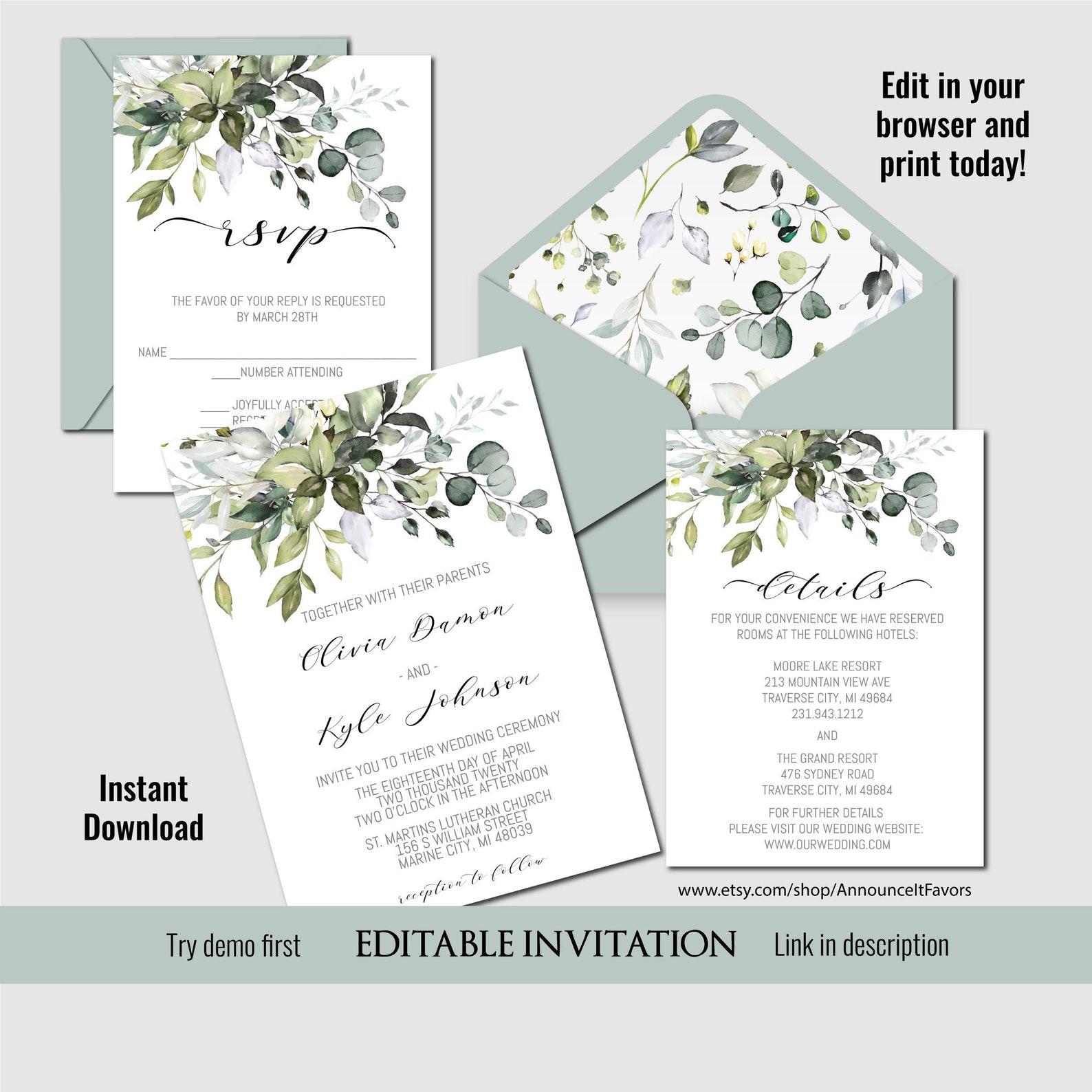 Greenery Wedding Invitation Suite Greenery Wedding Invitation | Etsy