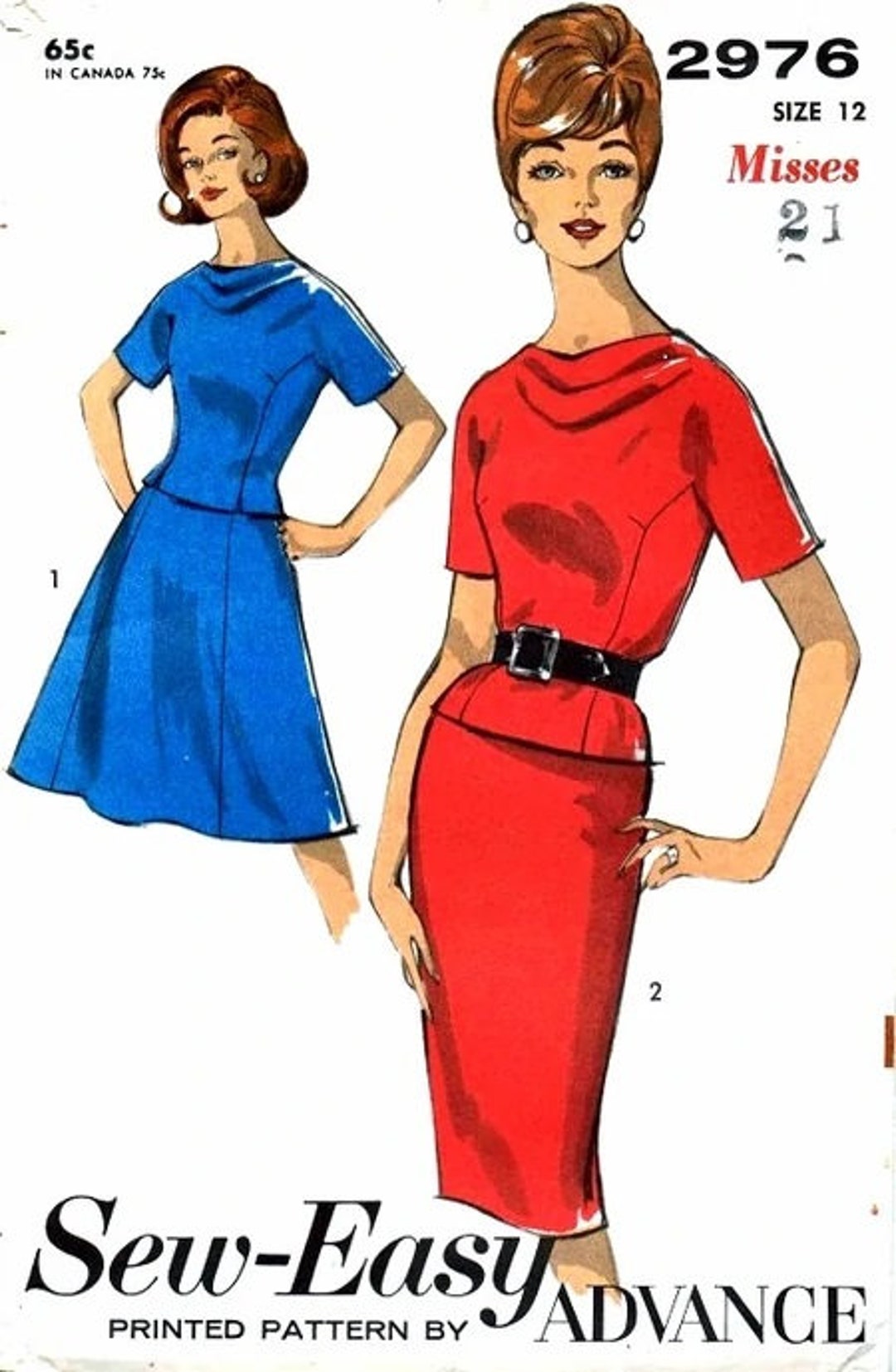 Vintage Two Piece Dress Pattern 1960s Fashion Advance 2976 Two Skirt ...