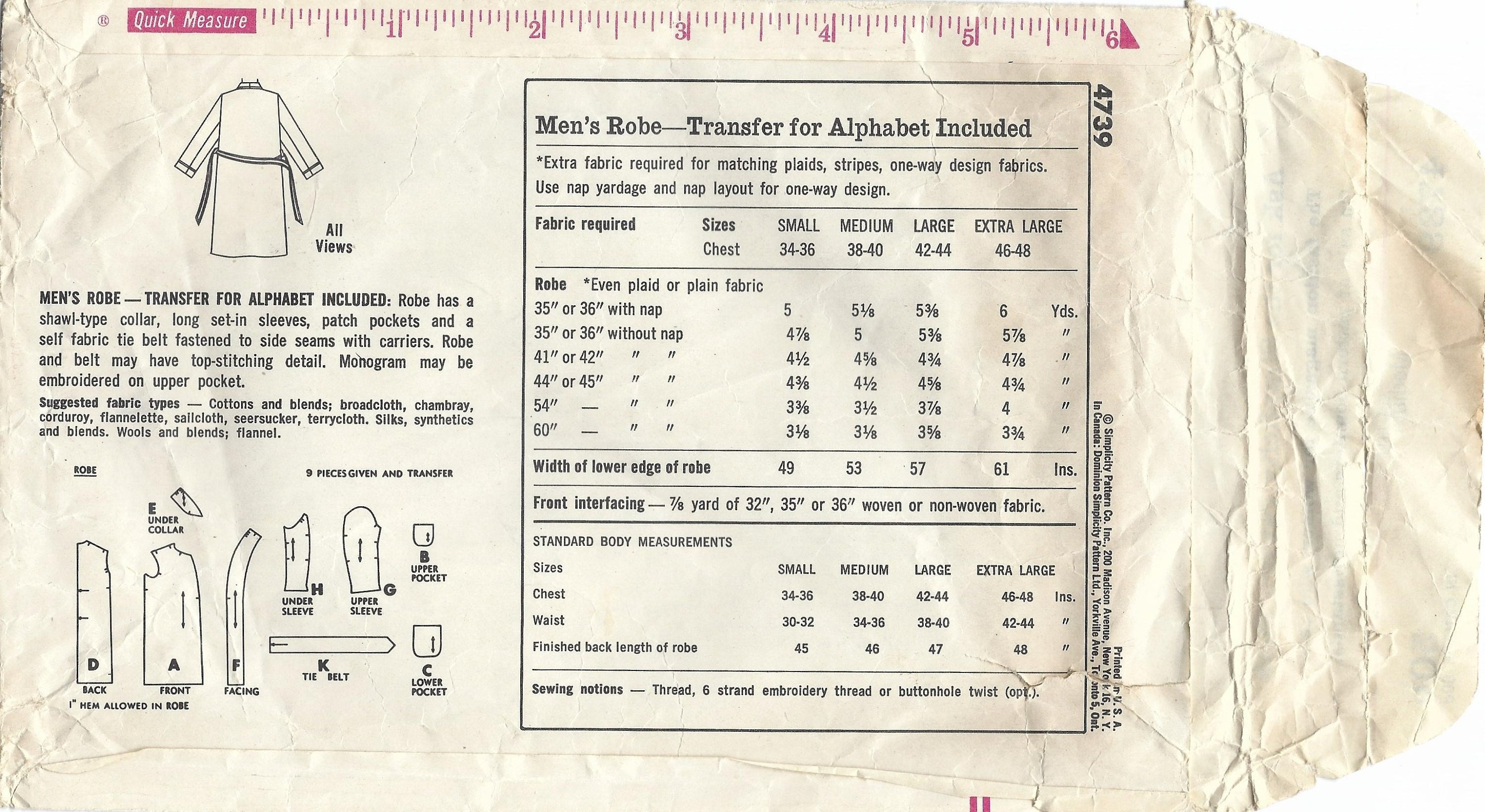 Vintage Simplicity 4739 Men's Robe Size 38-40 Chest 1963. - Etsy