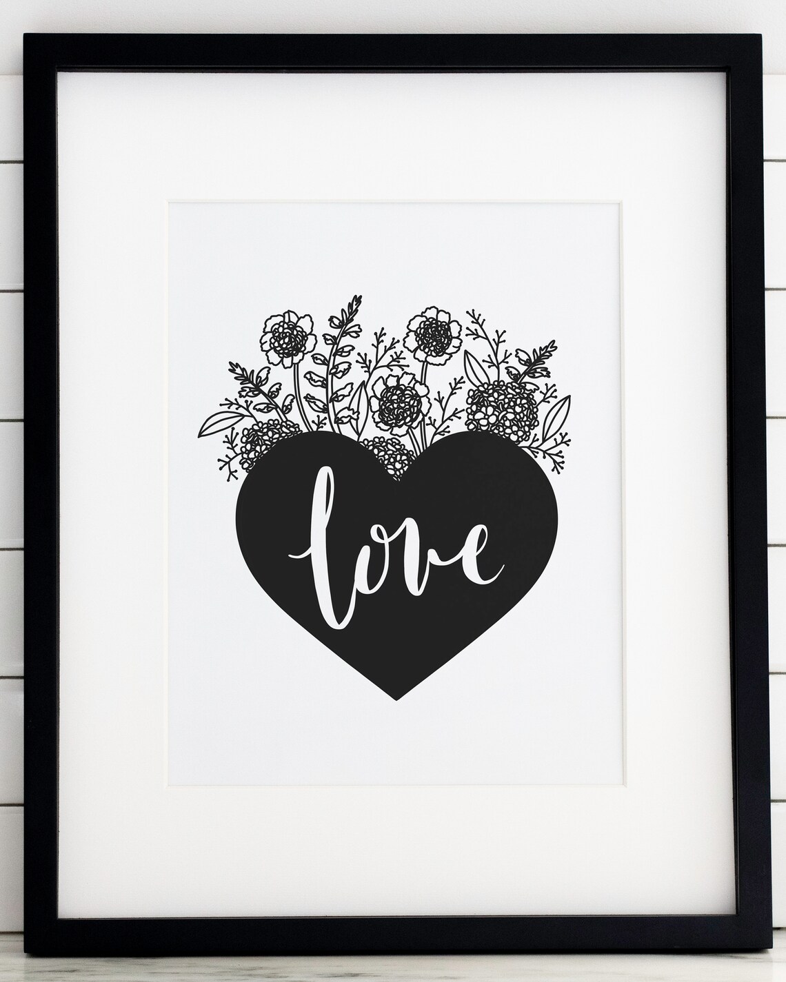Printable Hand Lettered Floral Heart Love, Hi Res Wall Art, Black and ...