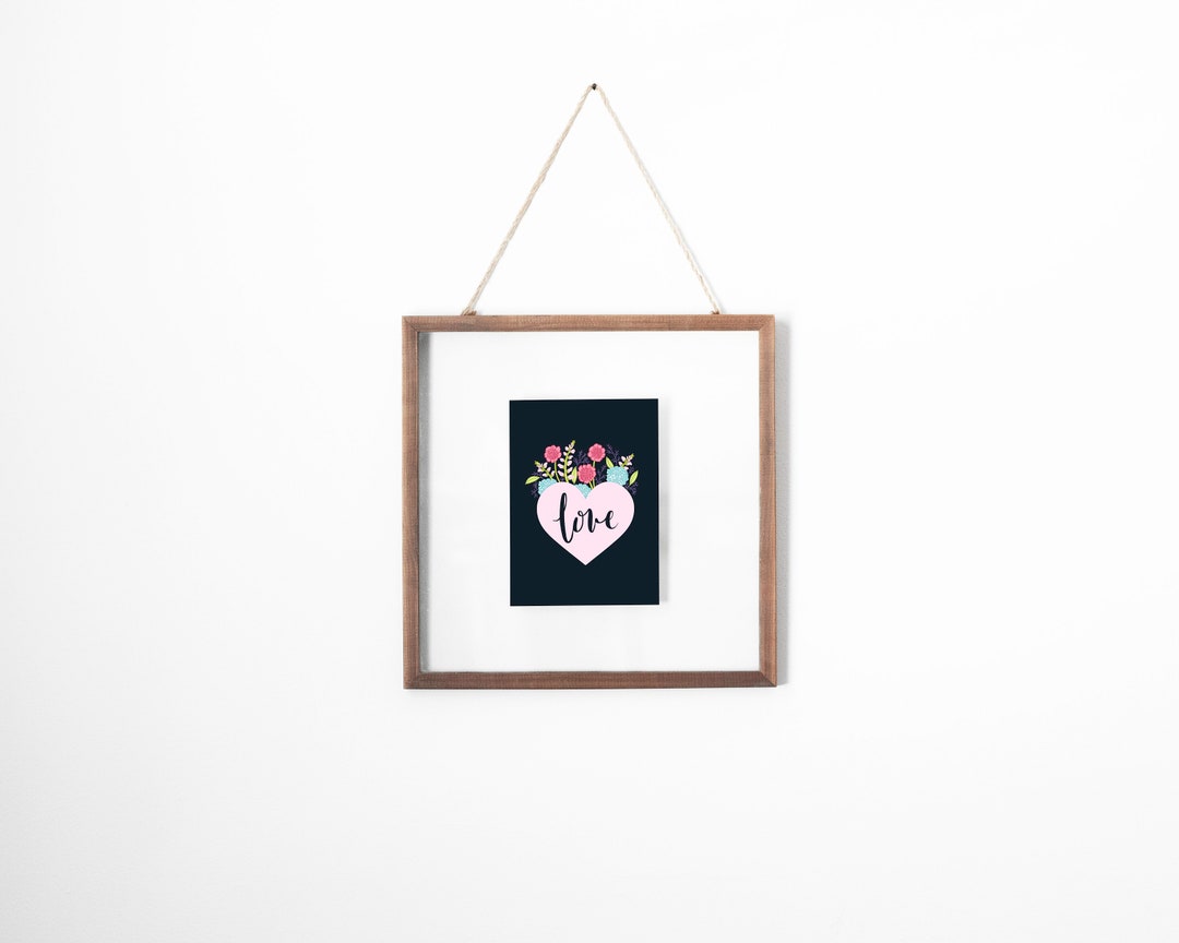 Printable Hand Lettered Floral Heart Love, Hi Res Wall Art, Blue ...