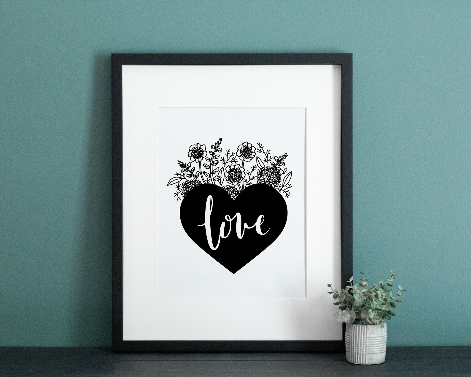Printable Hand Lettered Floral Heart Love, Hi Res Wall Art, Black and ...