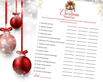 Printable Christmas Think Fast Game | Christmas Day Activity | Holiday ...
