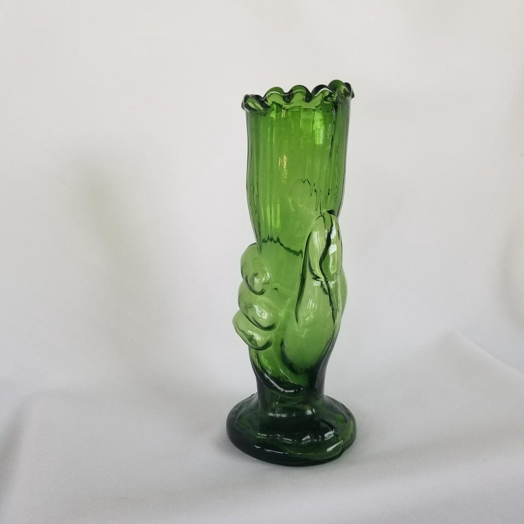 Vintage Green Vase, Art Deco Green Glass 8" Hand Holding Flower Vase ...